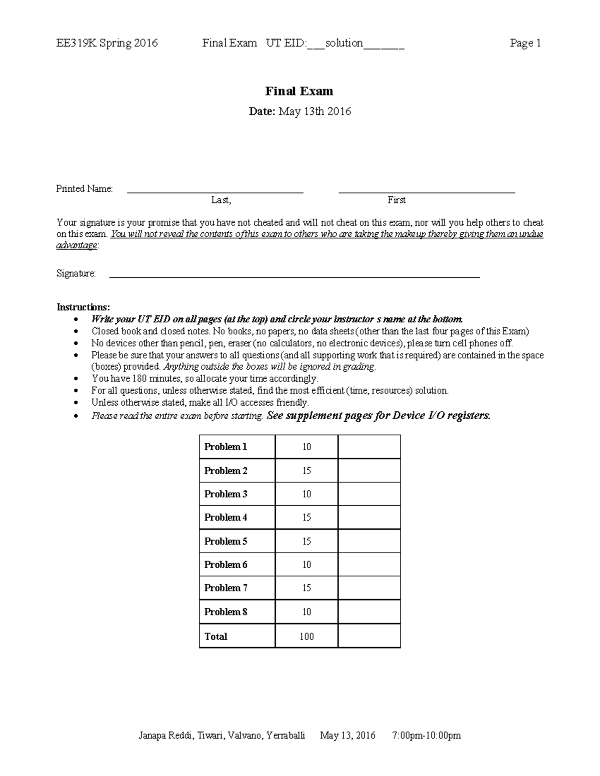 EE319K Spring 2016 Final Exam Solutions and Code Explanations - Final ...