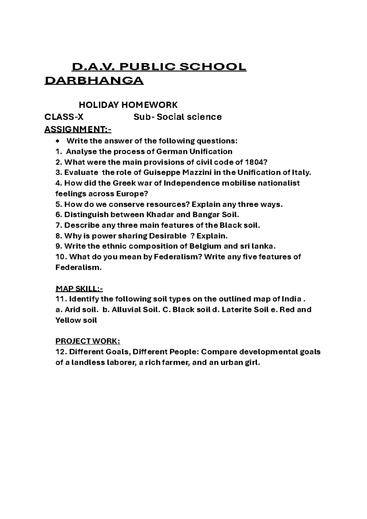 Class X Holiday Homework: Social Science Questions & Project Work - Studocu