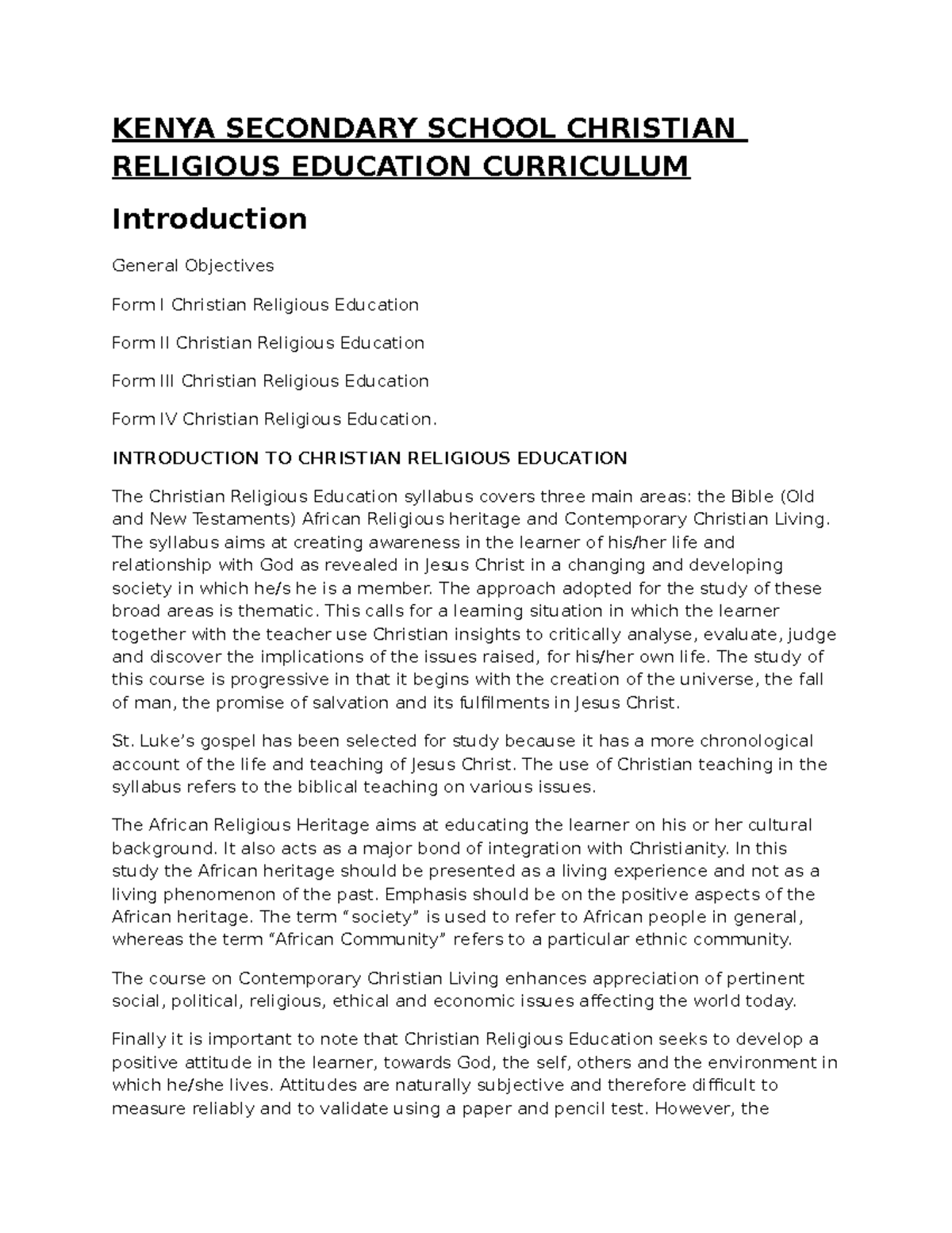 KENYA KCSE CHRISTIAN RELIGIOUS EDUCATION SYLLABUS OVERVIEW - Studocu