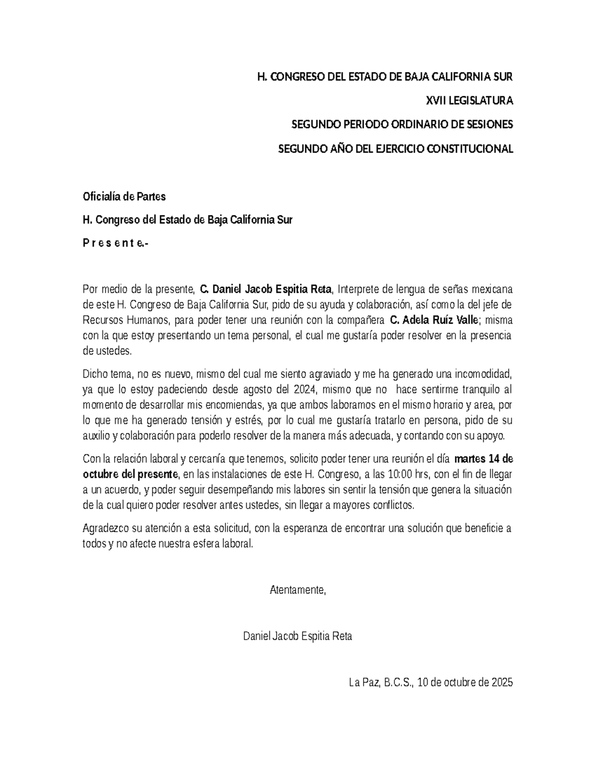 Solicitud de Reunión - C. Daniel Jacob Espitia Reta - Studocu