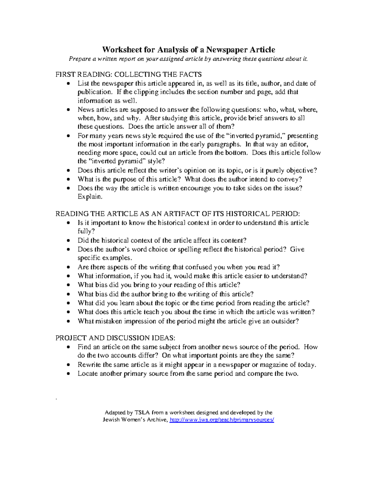 Worksheet for Analyzing a Newspaper Article - Studocu