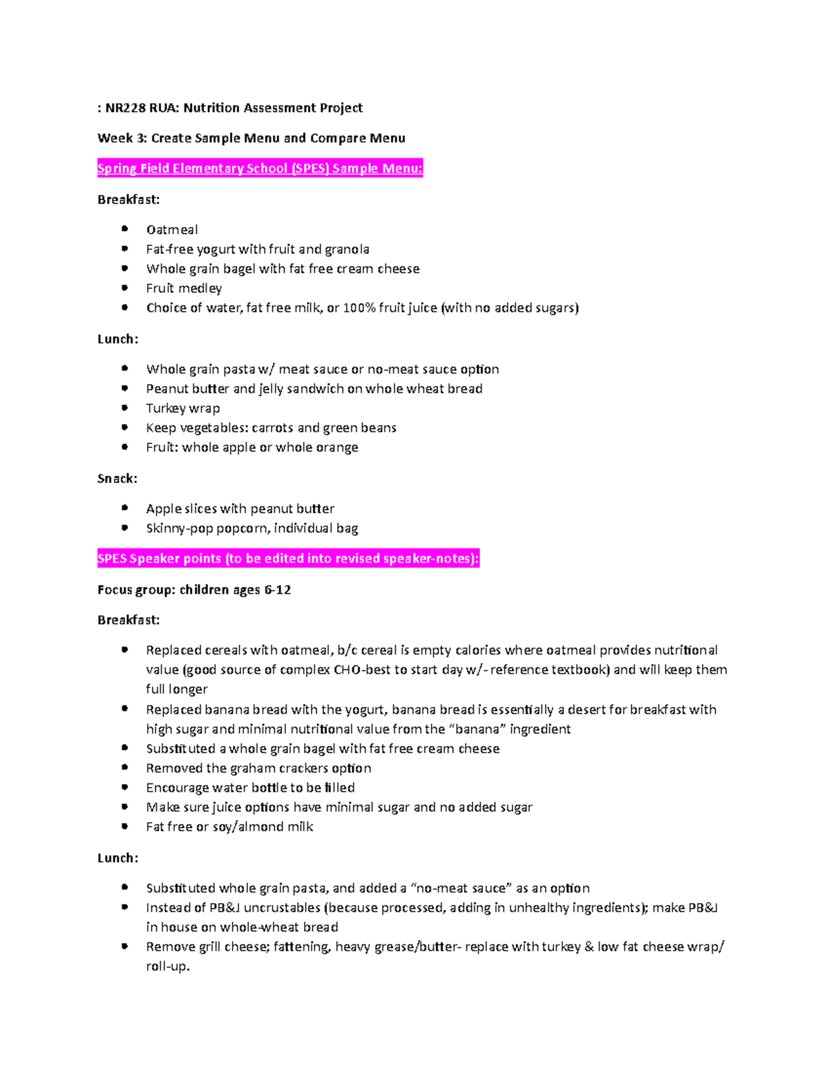 NR228 RUA: Sample Menus for Nutrition Assessment Project - Studocu