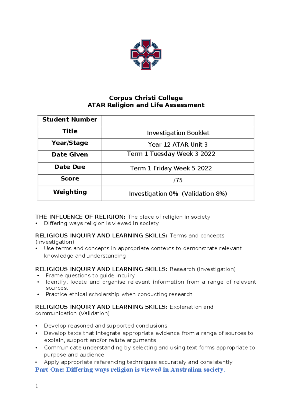 Task 3 U3 Investigation Updated - Corpus Christi College ATAR Religion ...