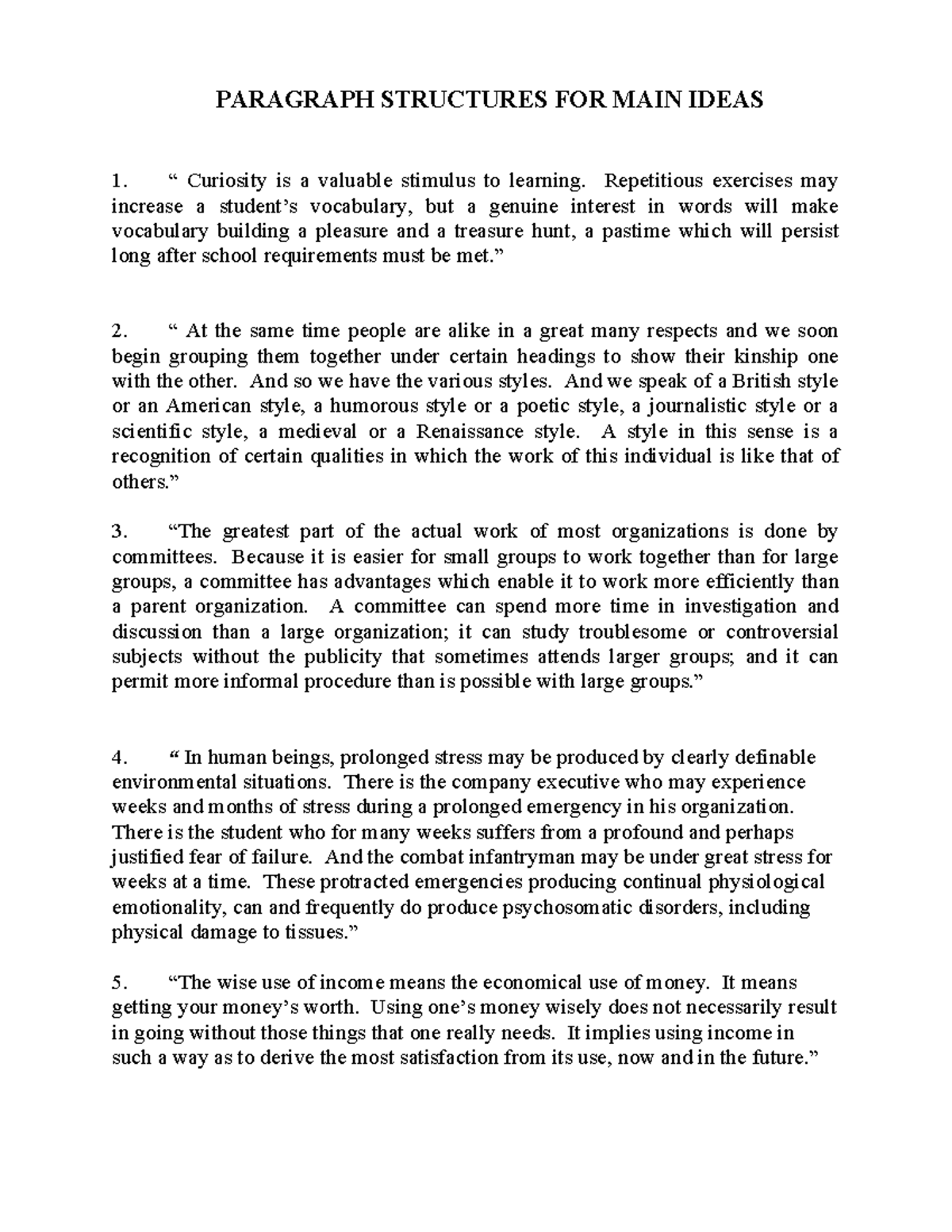 Student Copy: Paragraph Structures for Main Ideas and Topic Sentences ...