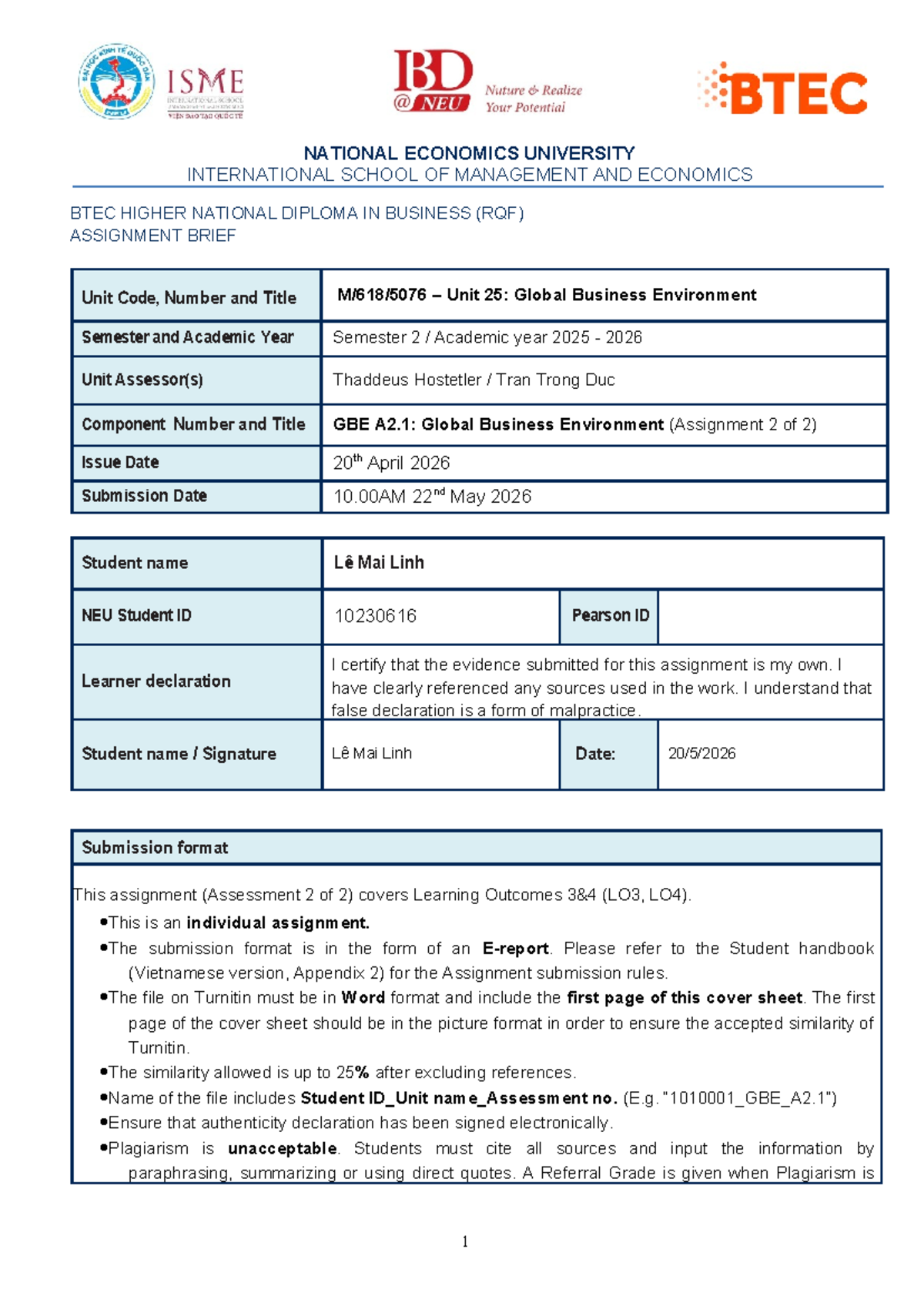 GBE A2.1 Assignment Brief: Global Business Environment Analysis Spring ...
