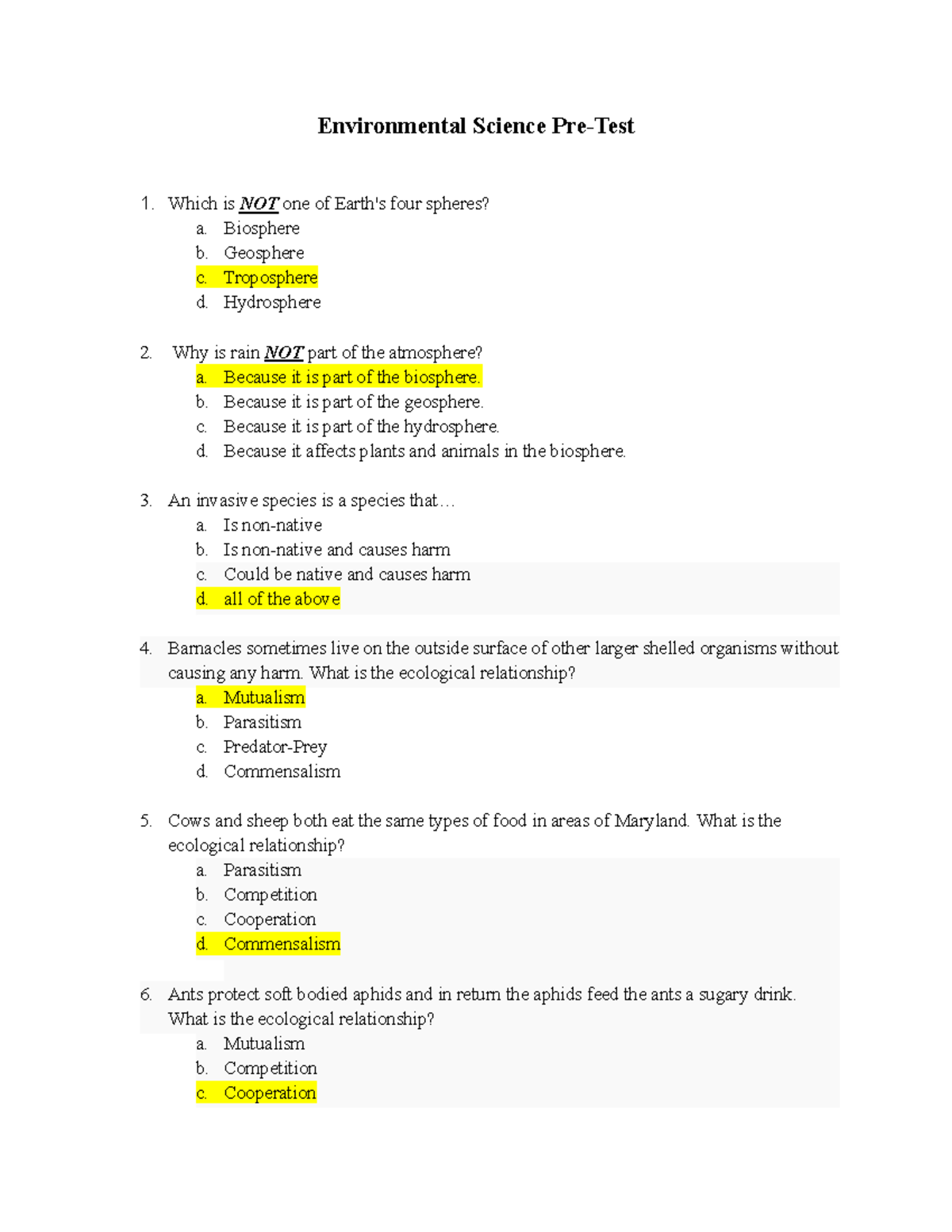 SY23 Environmental Science Pre-Test - Environmental Science Pre-Test ...