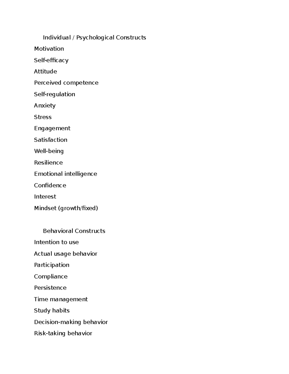 List of Research Constructs in Psychology and Behavior Analysis - Studocu