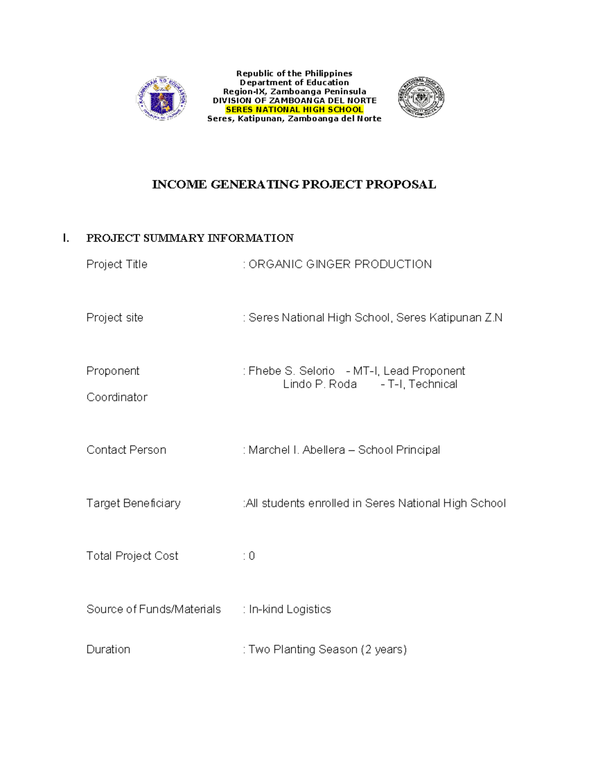 IGP Proposal: Organic Ginger Production Project for Seres National High ...