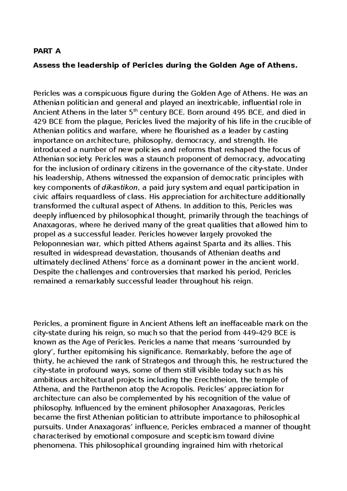 Pericles essay ancient history prelim - PART A Assess the leadership of ...