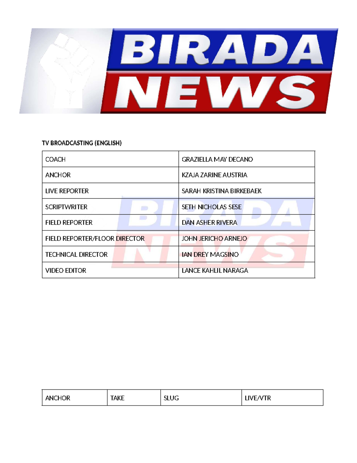 TV BROADCASTING SCRIPT (ENGLISH) - BIRADA NEWS - Studocu