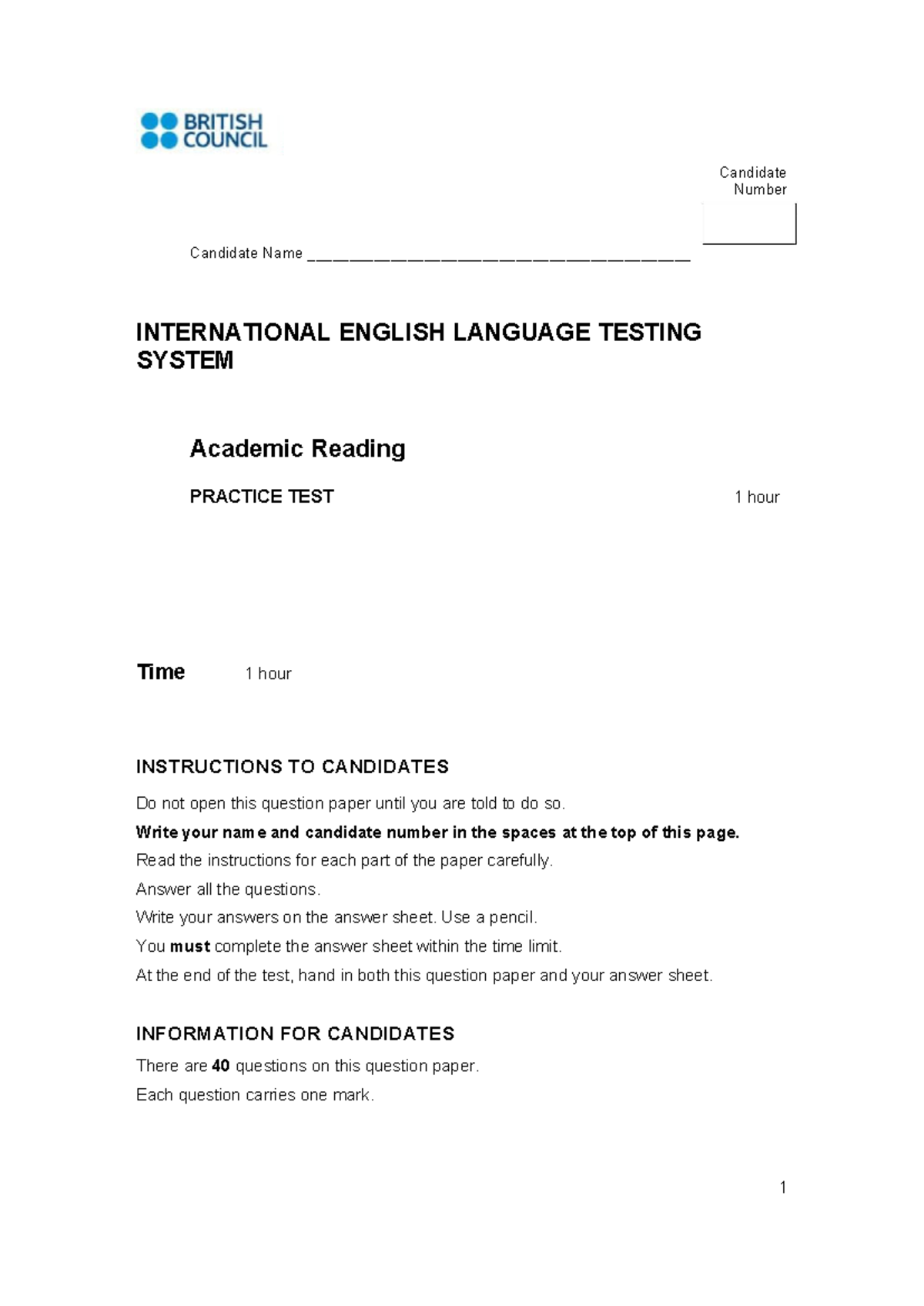 03. Reading - Entry Test - Question - Candidate Number Candidate Name ...