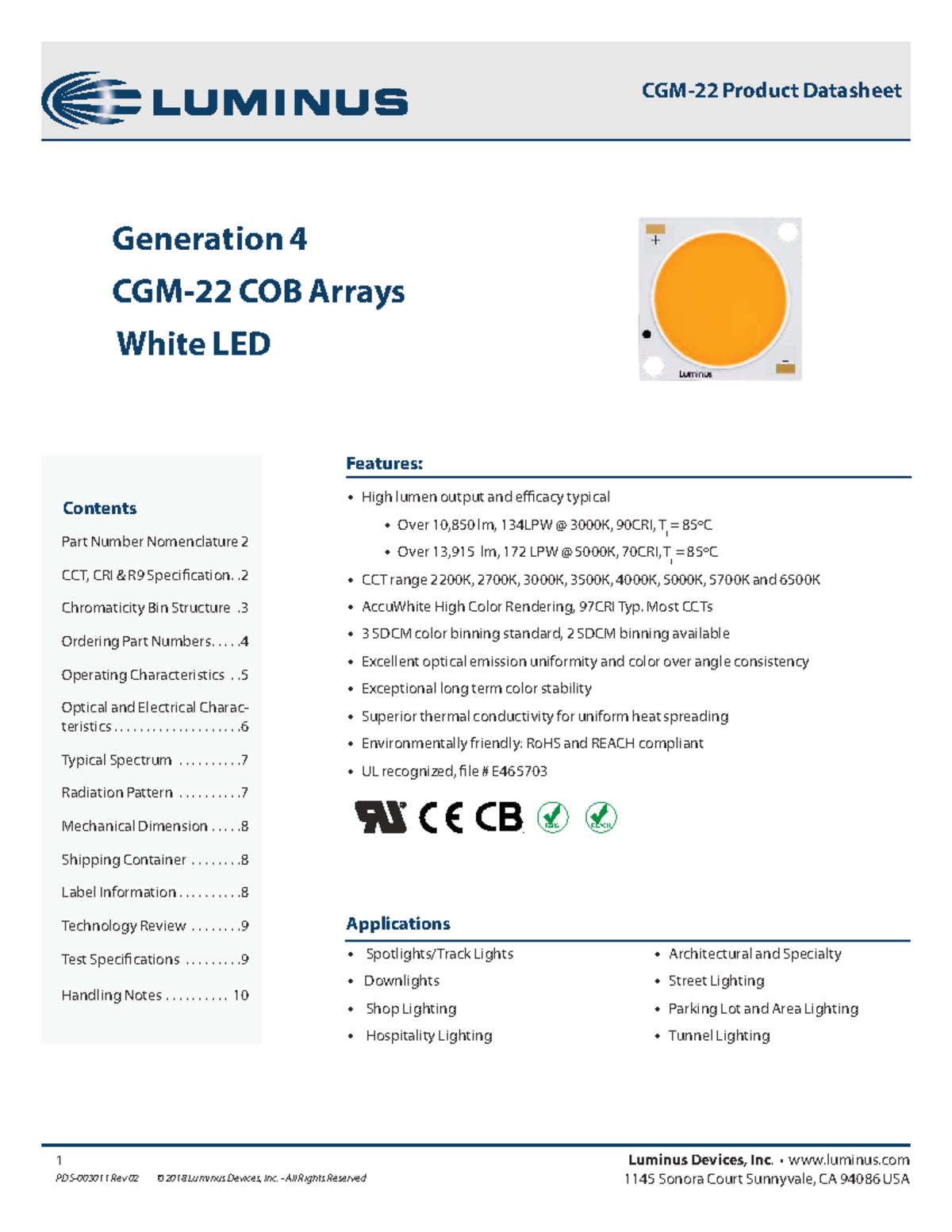 Luminus CGM-22 Gen4 COB Arrays Product Datasheet - Studocu