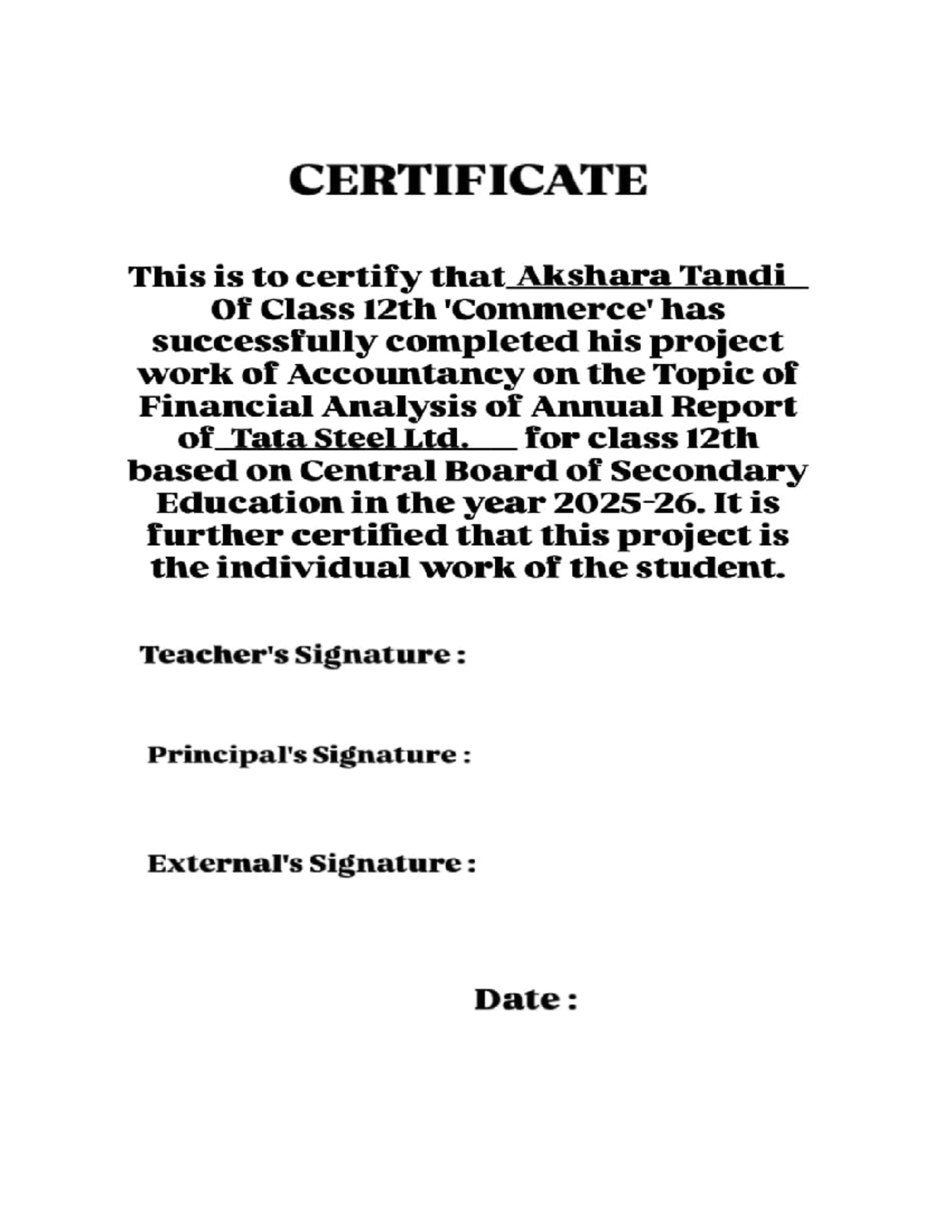 Accountancy Project Certificates for Class 12th Students - Studocu
