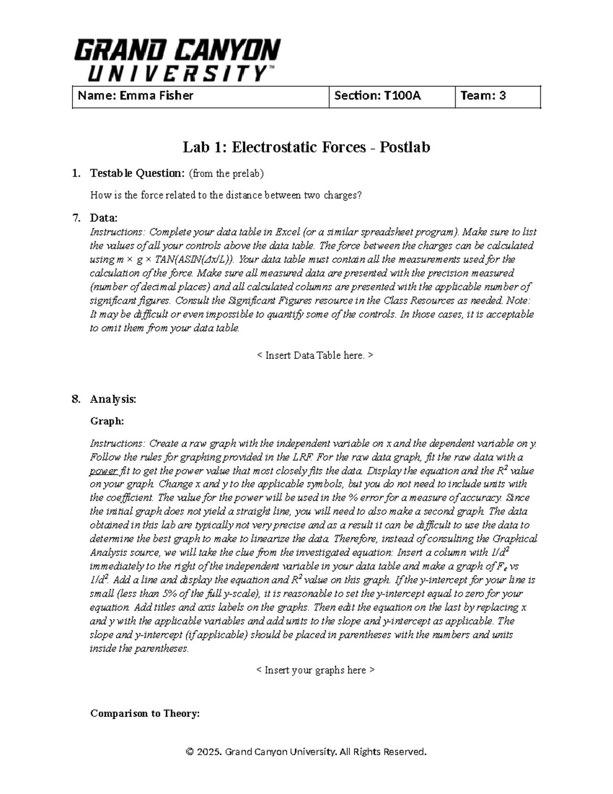 PHY-112 Lab 1: Electrostatic Forces Postlab Analysis - Studocu