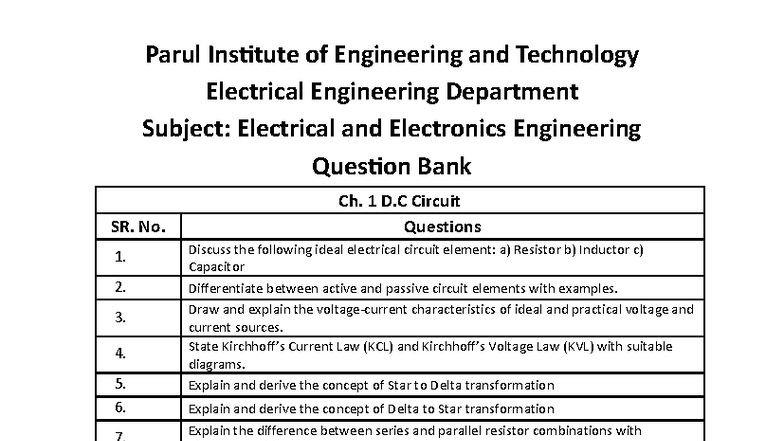 EEE Question Bank: Electrical & Electronics Engineering Notes - Studocu