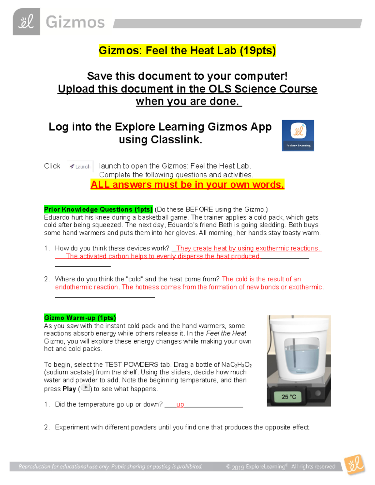 Gizmos: Feel the Heat Lab - Energy Changes in Reactions Experiment ...