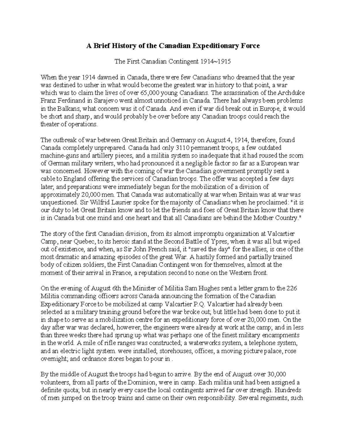 Canadian Expeditionary Force (WWI) Overview and Its Significance - Studocu