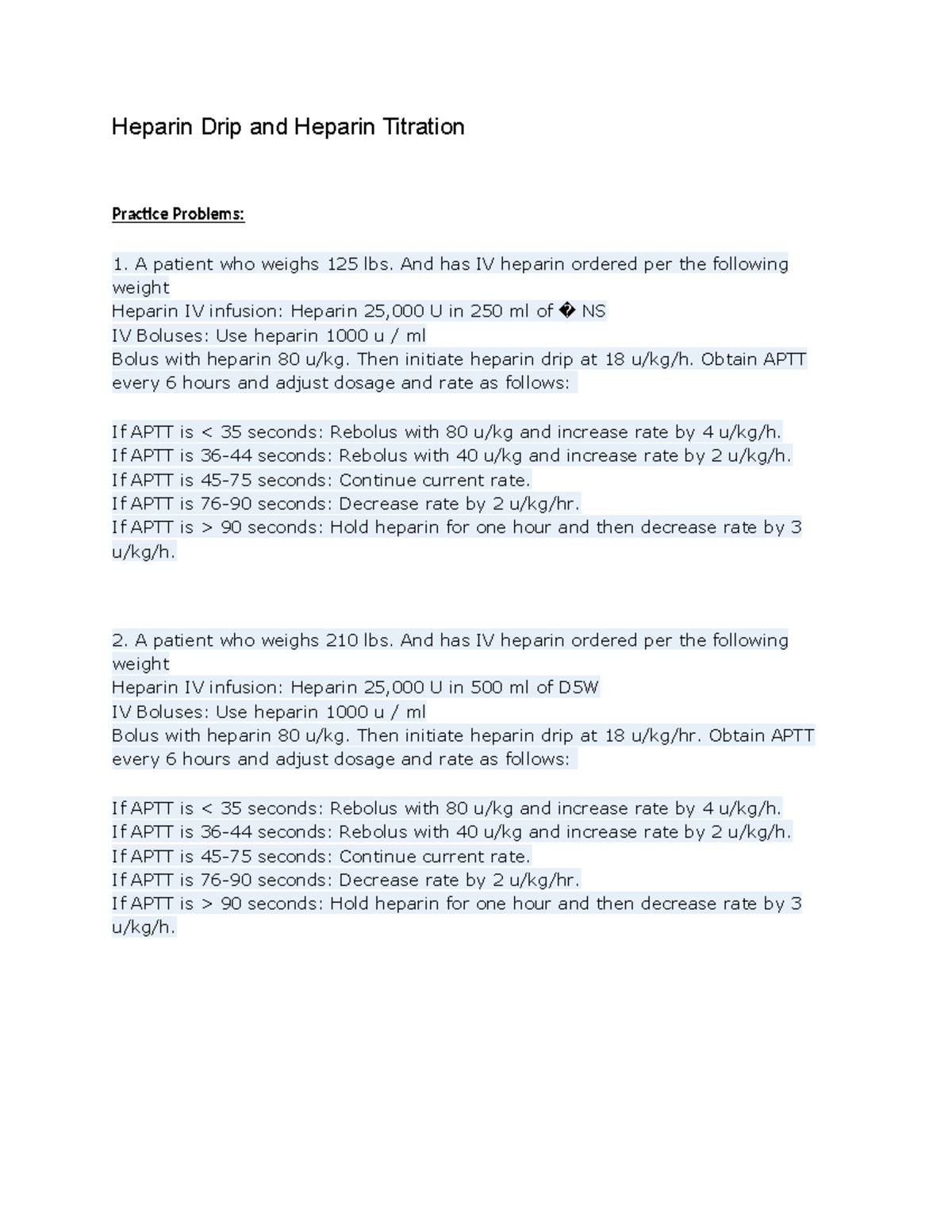 Heparin Worksheet: Drip & Titration Practice Problems for Nursing (NUR ...