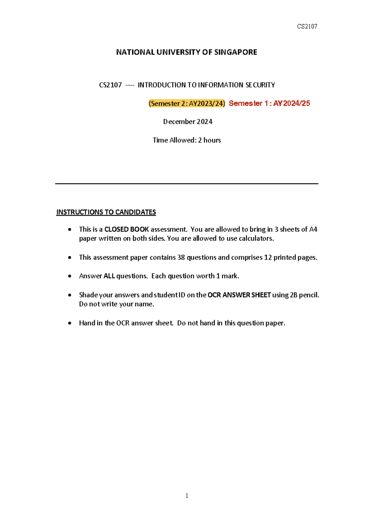 2024B CS2107 Final Exam: Introduction to Information Security - Studocu