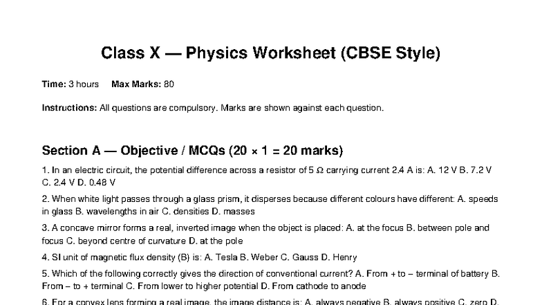 Class 10 Physics Worksheet (CBSE) - Comprehensive MCQs & Short Answers ...
