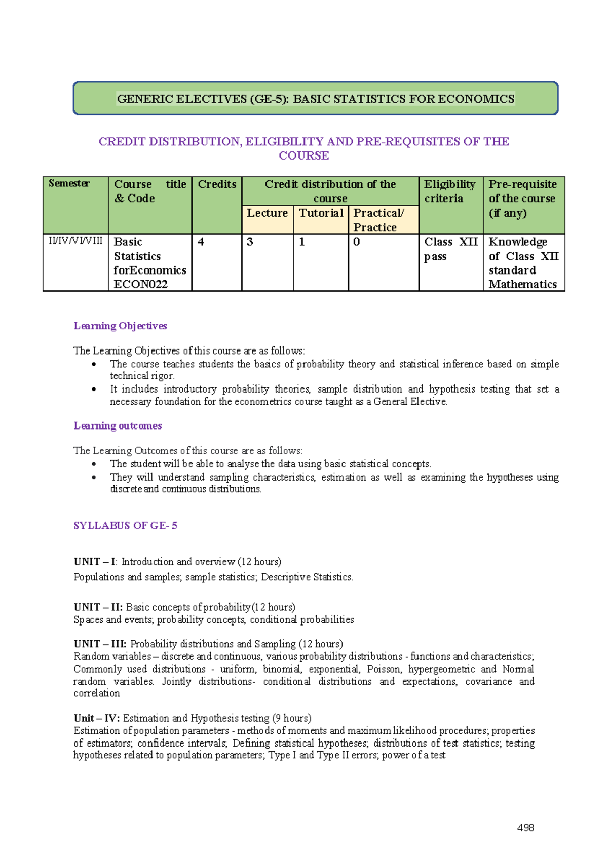 Basic Statistics for Economics Syllabus (ECON022) - Studocu