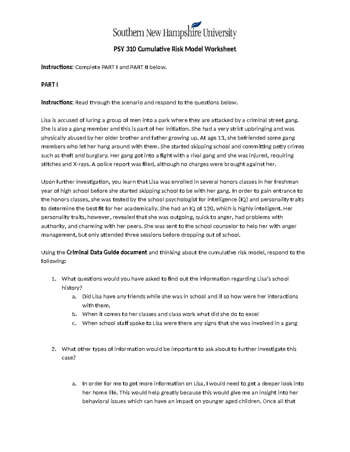 PSY 310 Cumulative Risk Model Analysis Worksheet: Case Study Insights ...