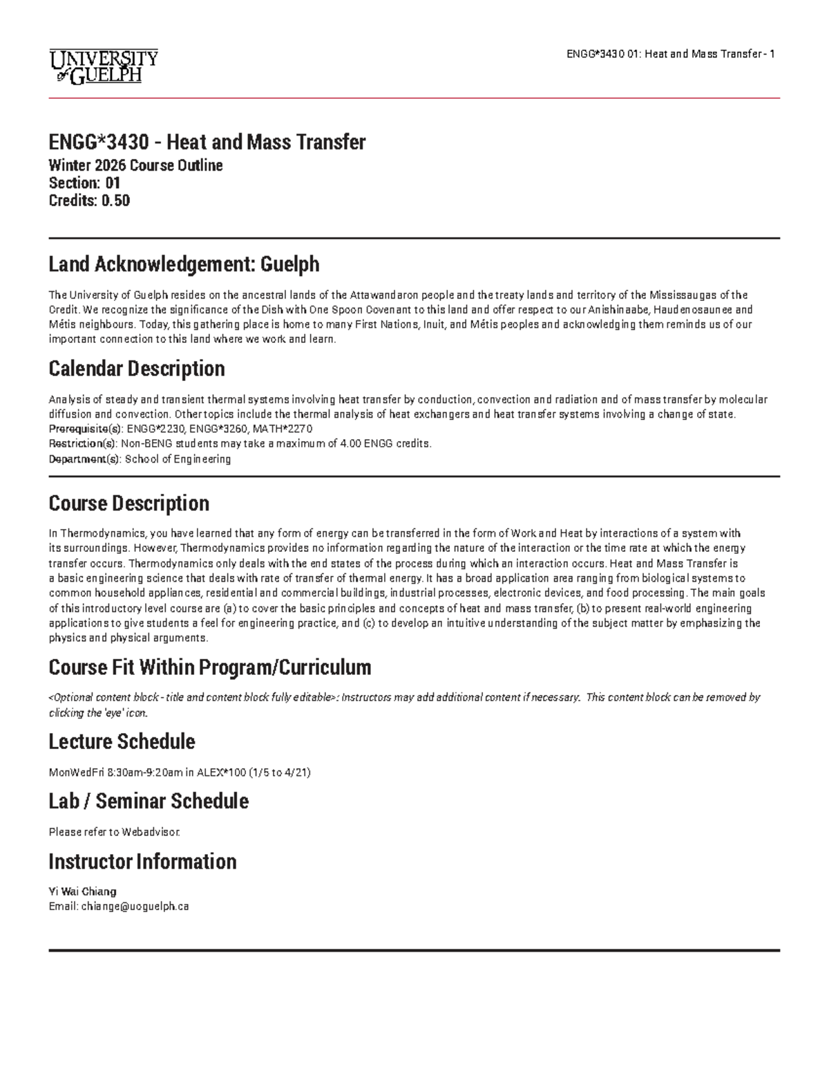 ENGG 3430: Heat and Mass Transfer Winter 2026 Course Outline - Studocu