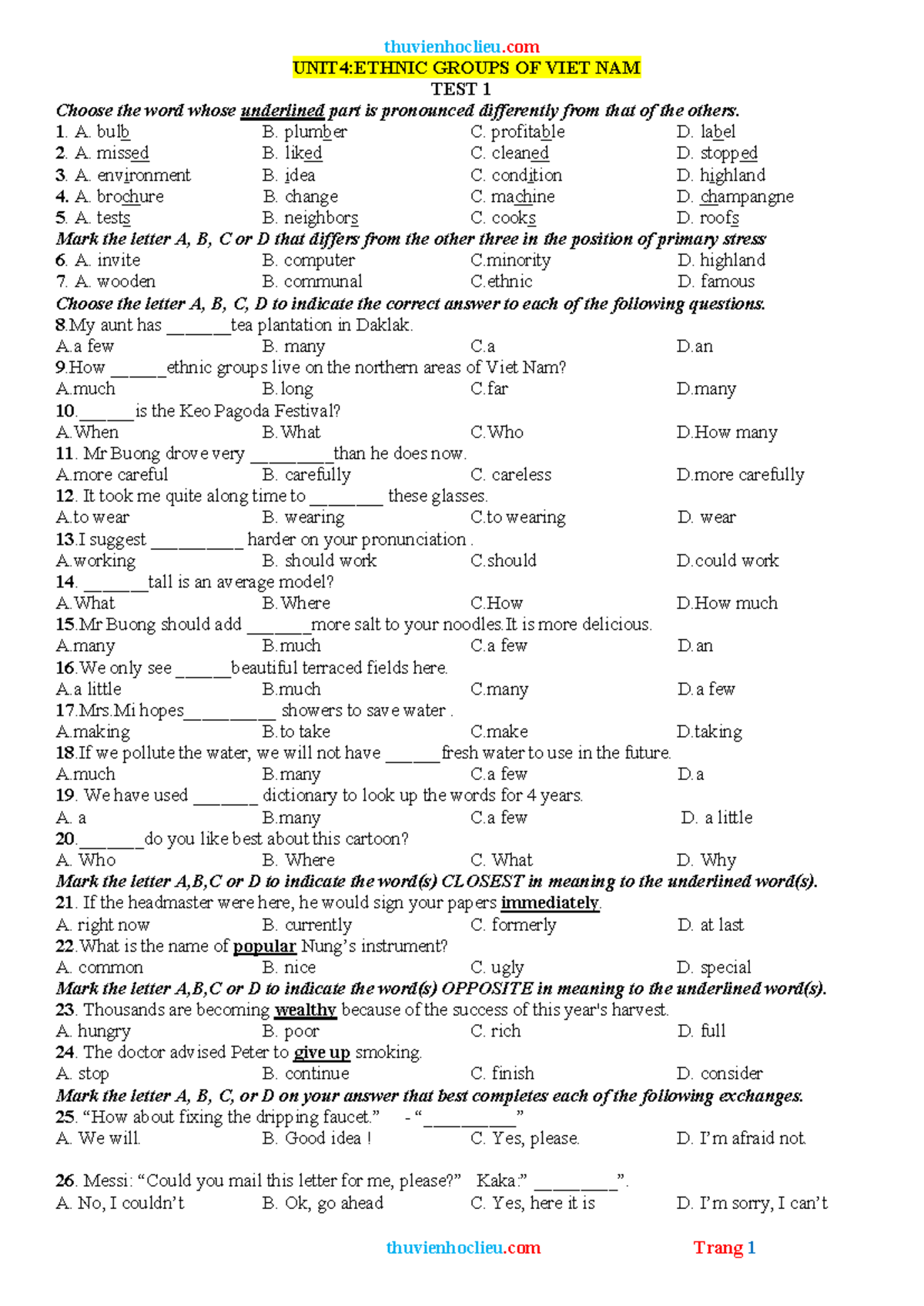 UNIT 4: ETHNIC GROUPS OF VIET NAM TEST 1 REVIEW - Studocu