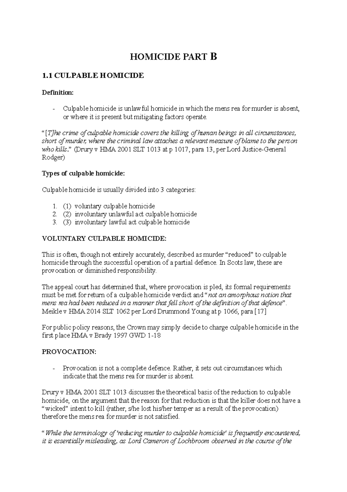 WEEK 9 - Revision Notes - HOMICIDE PART B 1 CULPABLE HOMICIDE ...