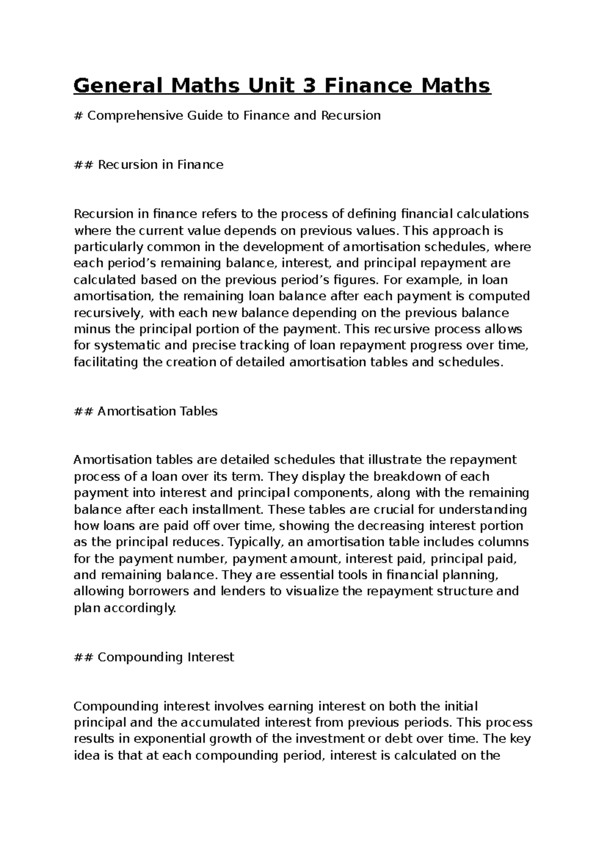 General Maths Unit 3: Comprehensive Guide to Finance & Recursion - Studocu