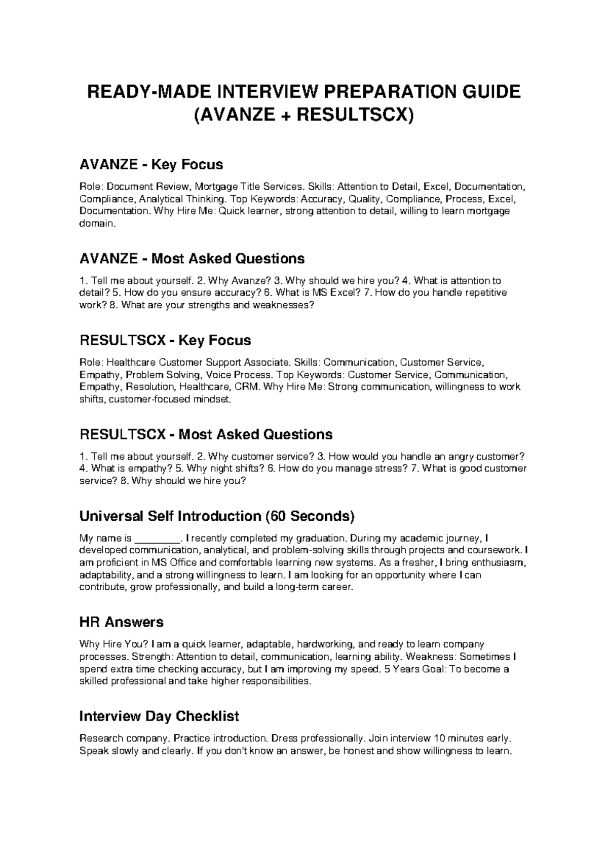 Interview Preparation Guide for Avanze & ResultsCX Roles - Studocu