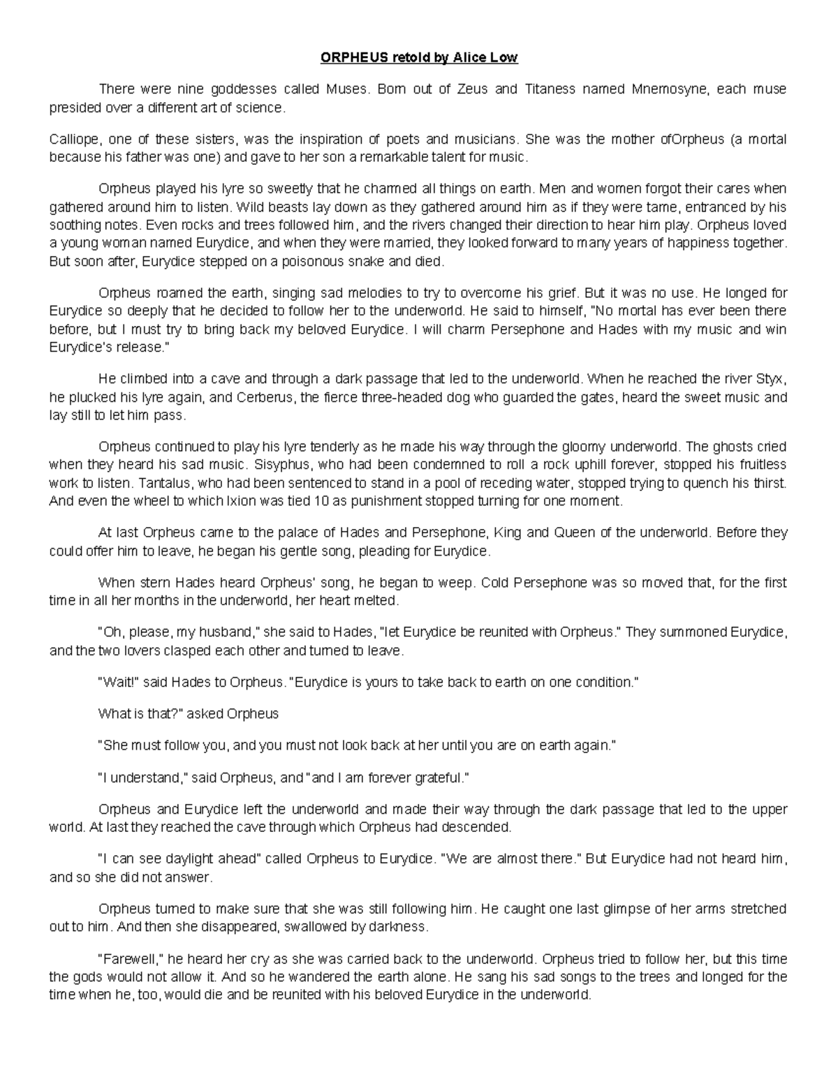 Orpheus by Alice Low - ORPHEUS retold by Alice Low There were nine ...