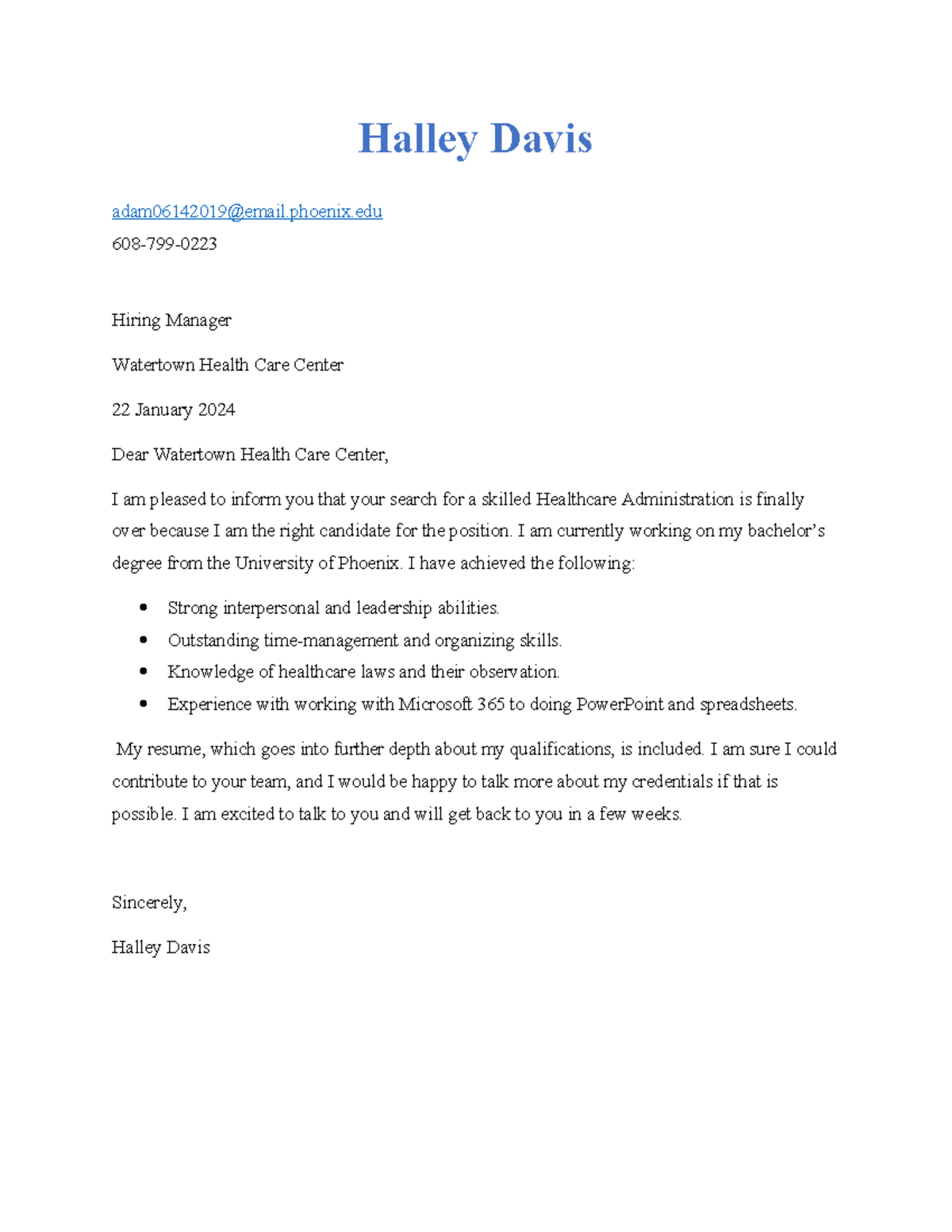 Wk 4 Summative Assessment: Cover Letter & Reflection by Halley Davis ...