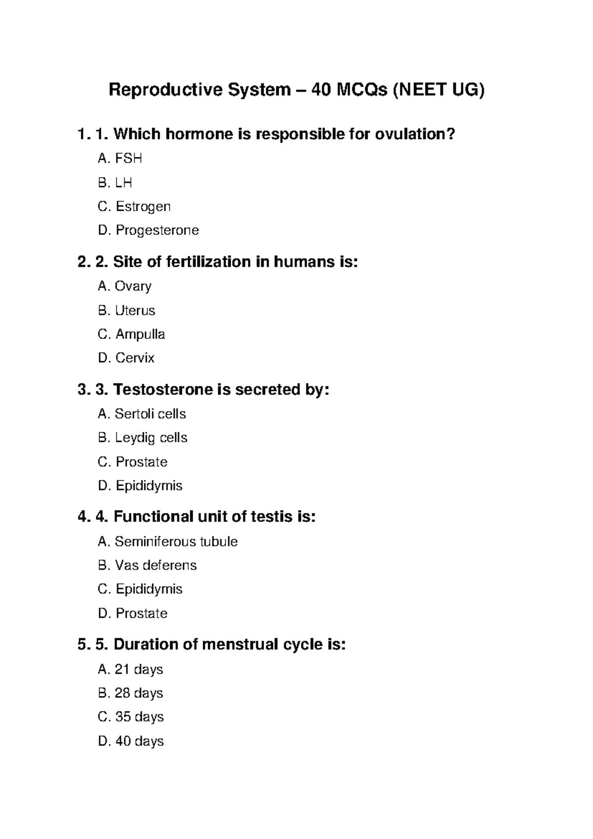 Reproductive System MCQs (NEET UG) - 40 Questions with Answers - Studocu