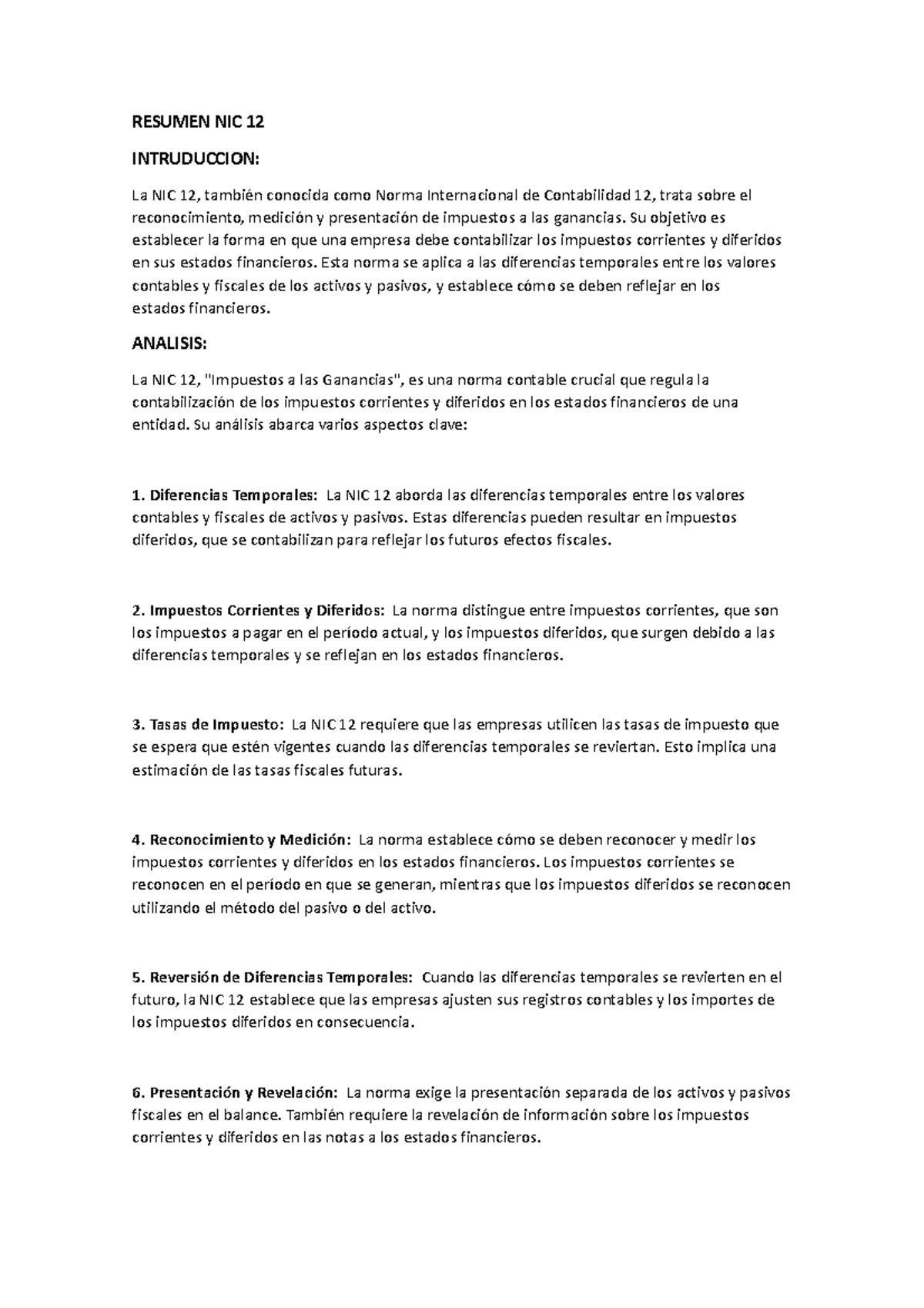 Resumen NIC 12: Contabilidad de Impuestos a las Ganancias - Acuña - Studocu