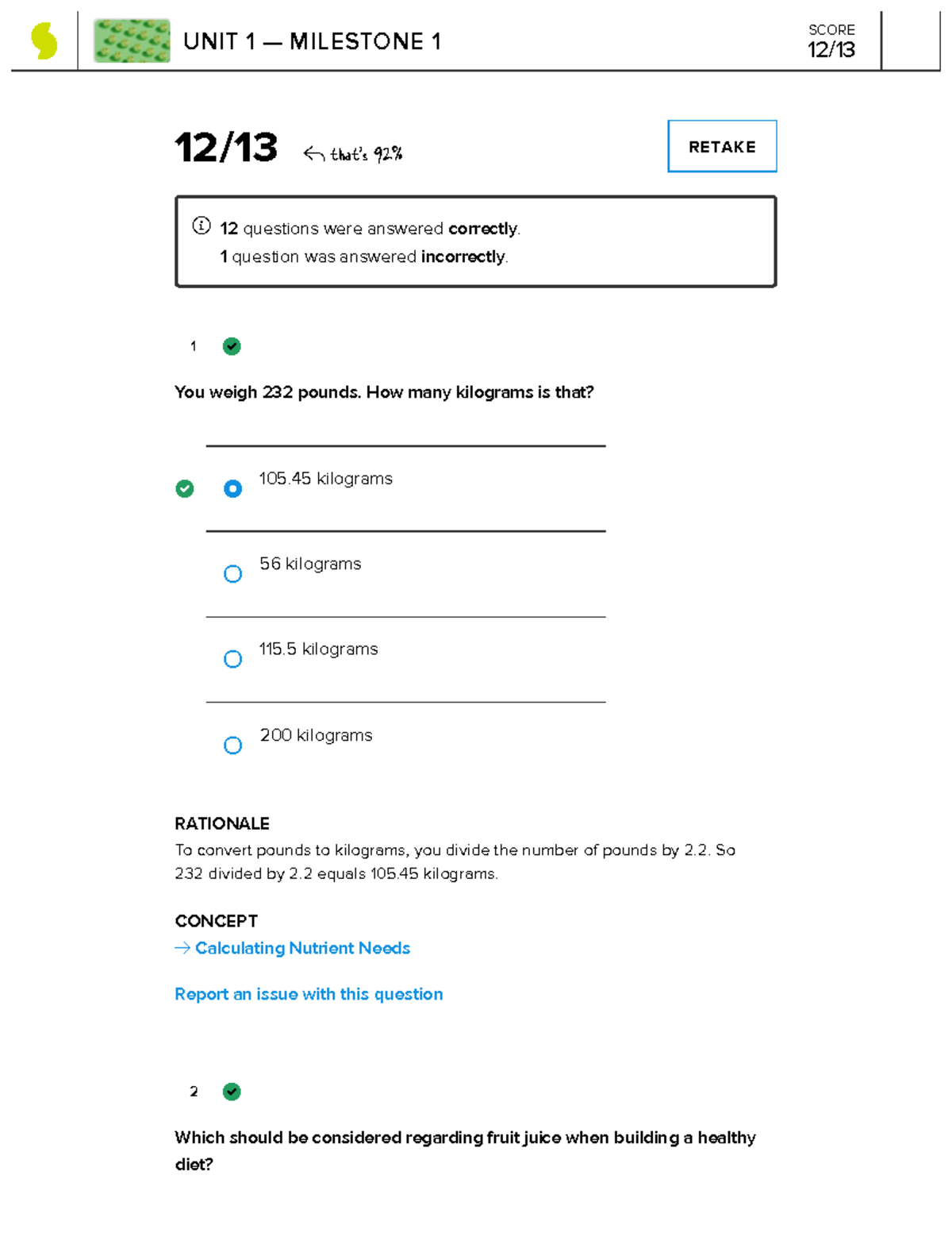 Milestone 1 First - 1 CONCEPT Calculating Nutrient Needs 2 12/13 that's ...