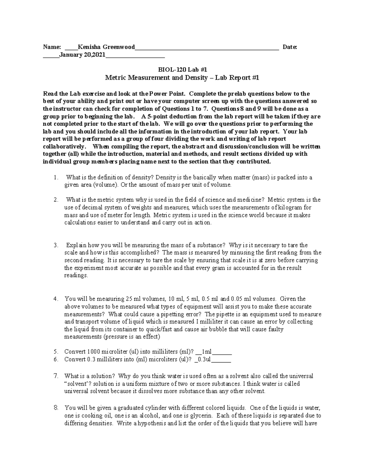 BIOL-120 Lab 1: Metric Measurement & Density - Lab Report Insights ...