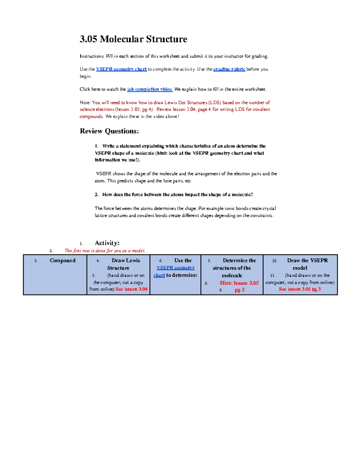 3 05 Molecular Structure Worksheet 3 Molecular Structure Instructions
