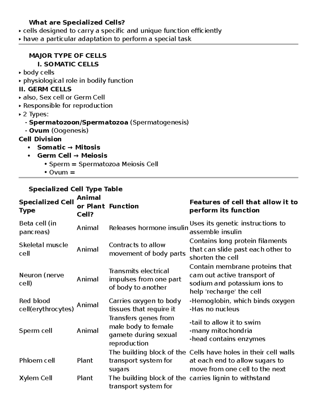 Specialized Cells - Comprehensive Review Guide - Studocu
