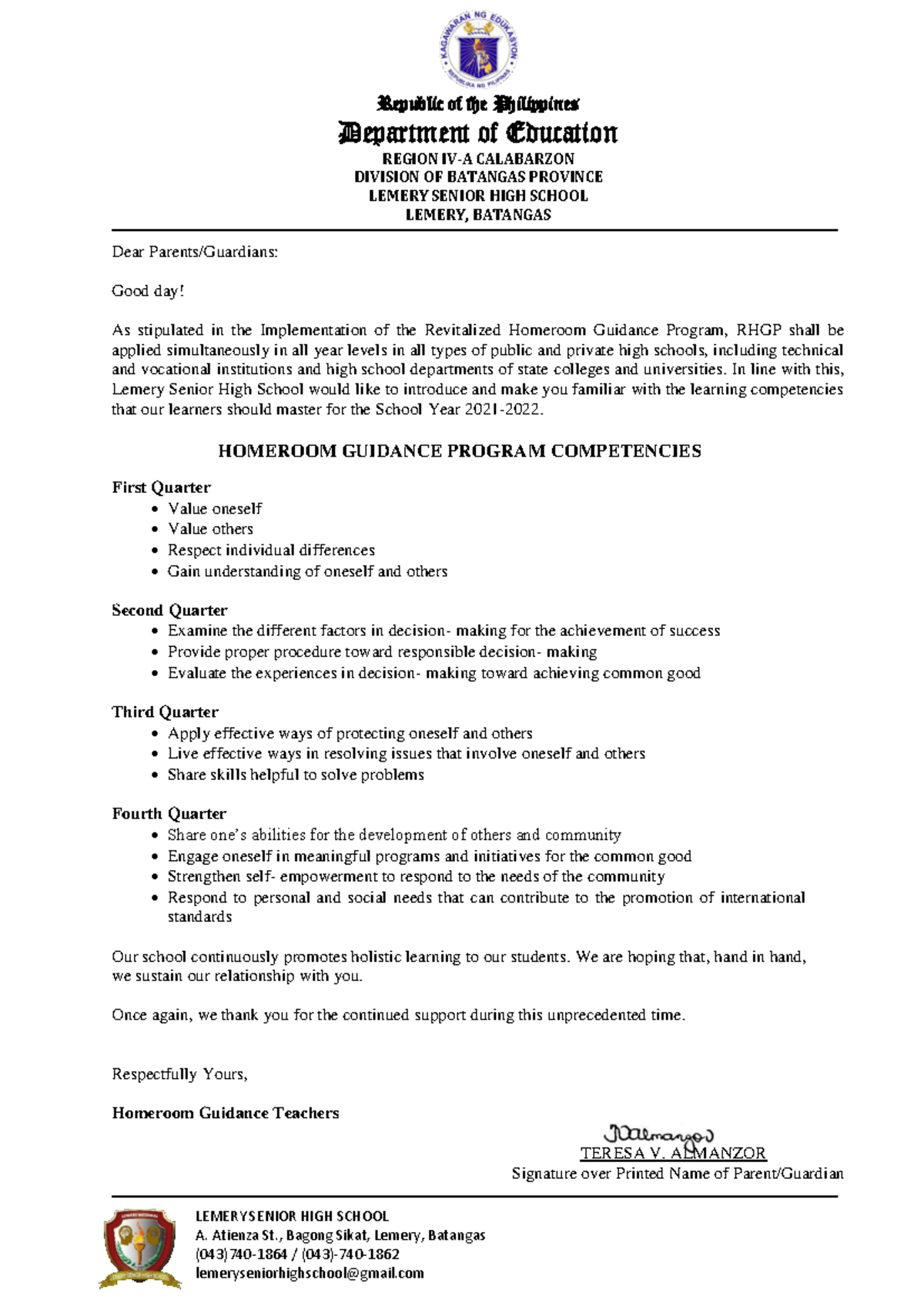 Letter to Parents/Guardians on HGP Competencies for SY 2021-2022 - Studocu