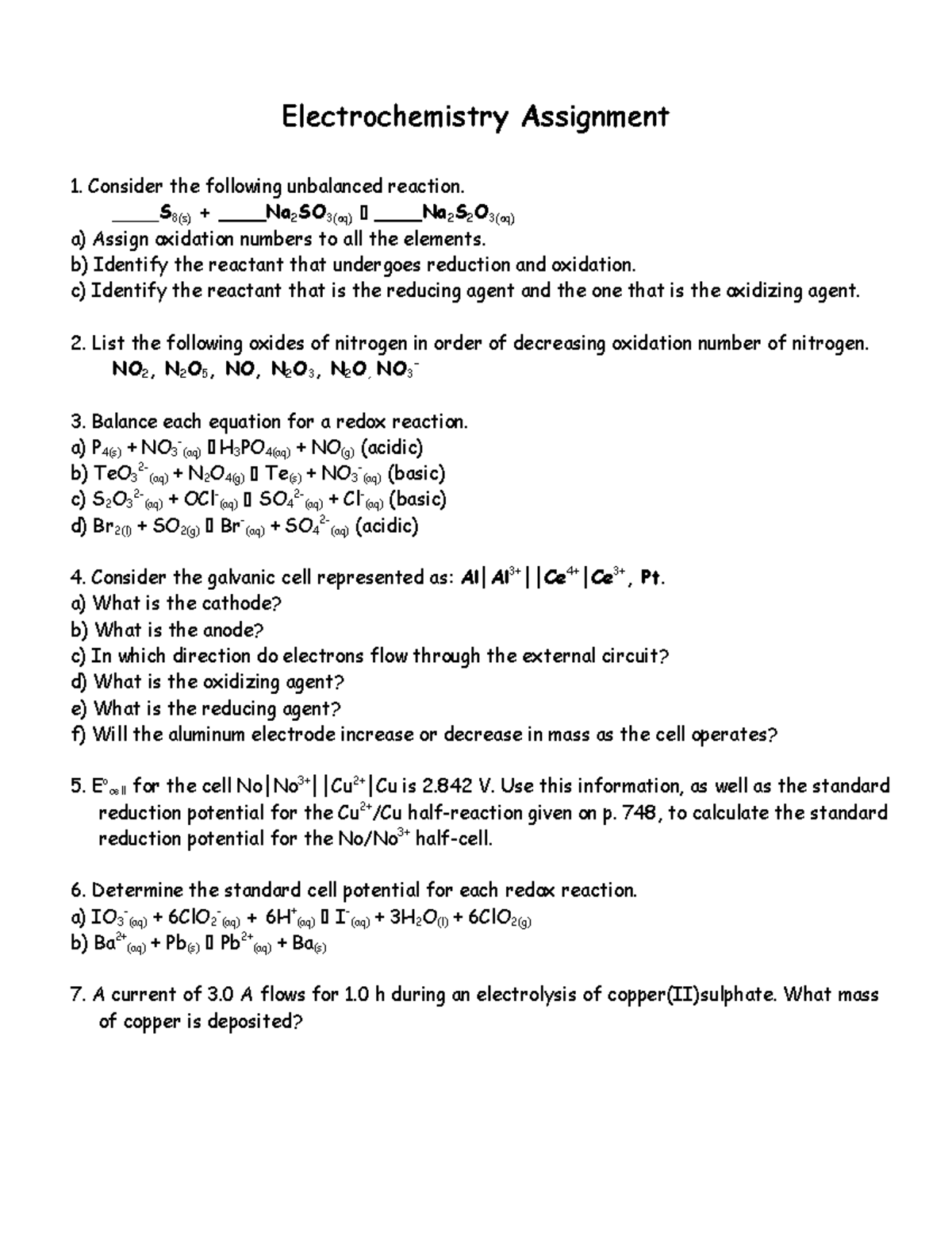 Electrochemistry Assignment 1: Redox Reactions & Cell Potentials - Studocu