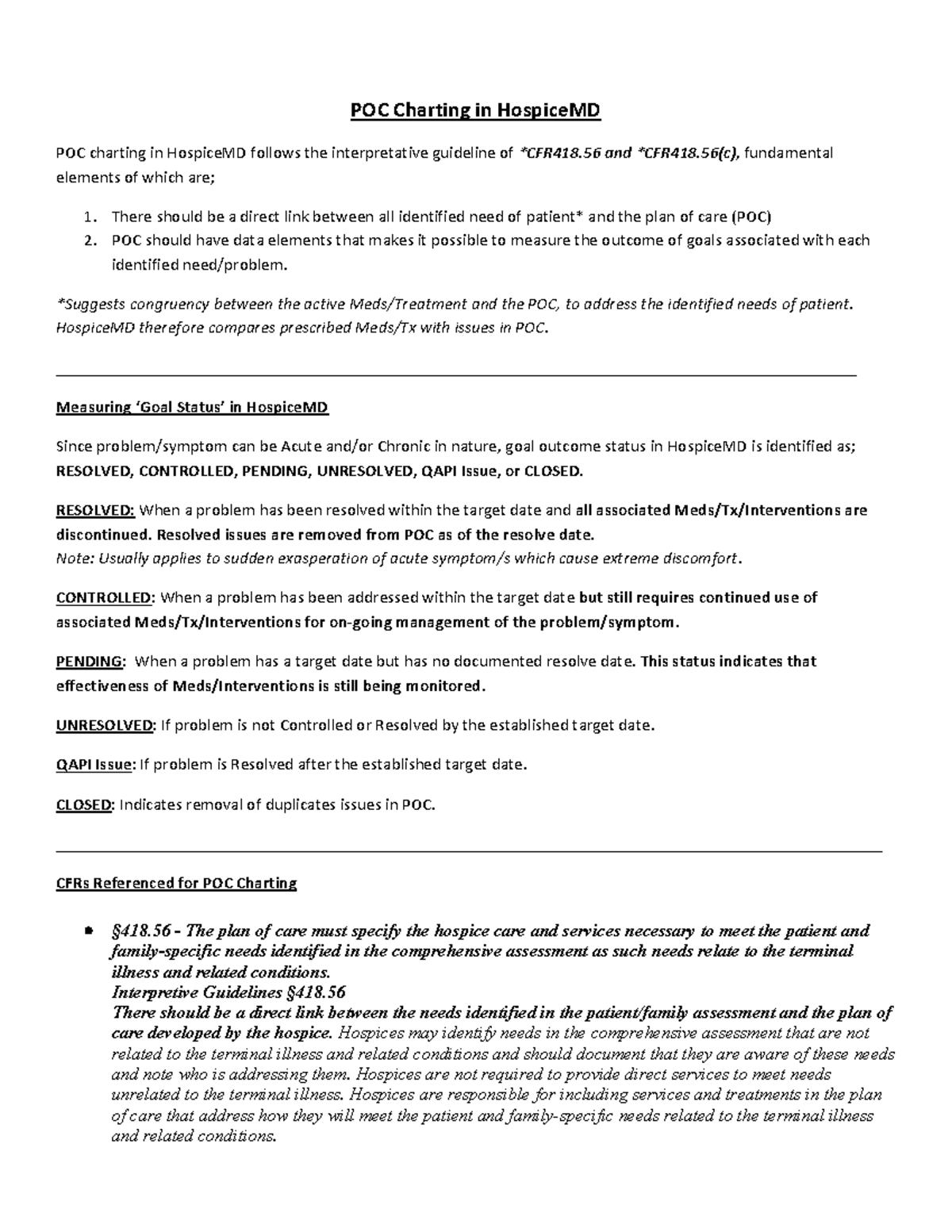 POC Charting Guidelines for HospiceMD: CFR418.56 Compliance Overview ...