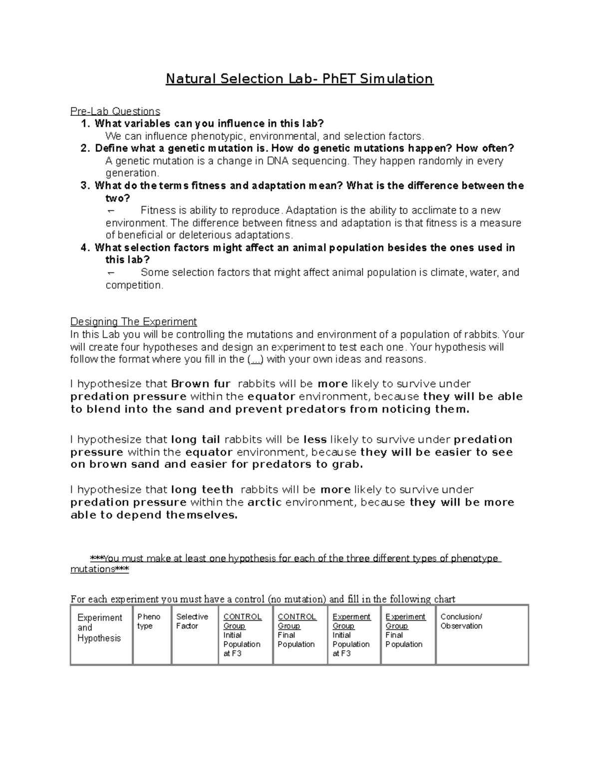 Ph ET Natural Selection - Natural Selection Lab- PhET Simulation Pre ...