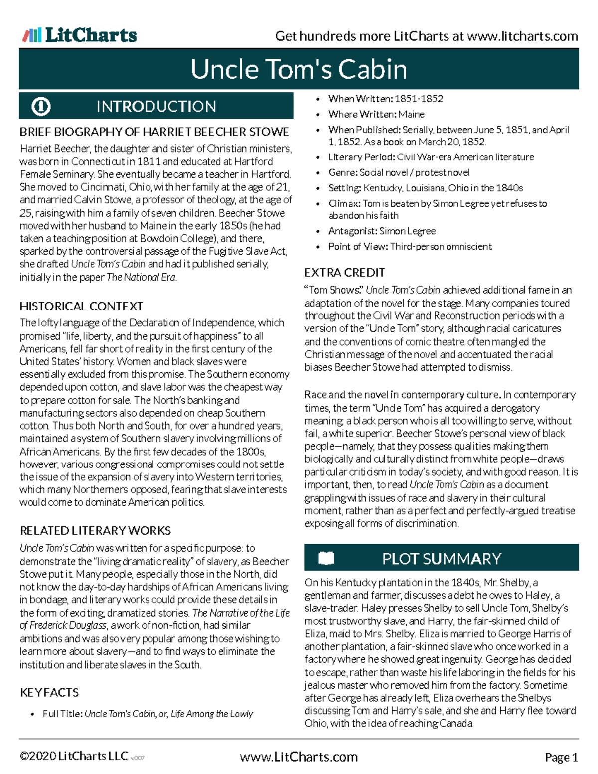 Uncle Tom's Cabin: Literary Analysis & Key Facts Guide (ENG101) - Studocu