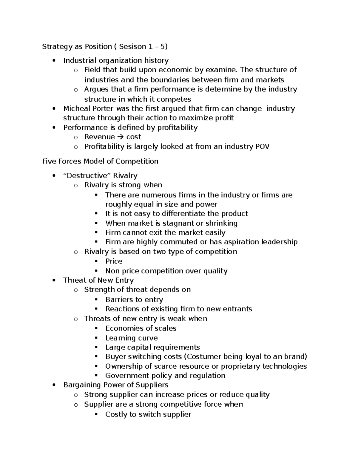 Wk 1 - Lecture Notes on Strategy as Position in Industrial Organization ...