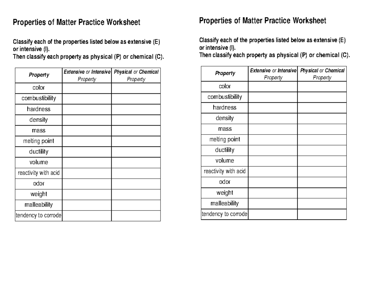 Properties of Matter Practice Worksheet: E/I & P/C Classification - Studocu