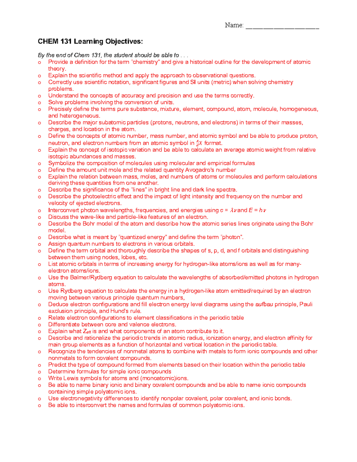 CHEM 131 Learning Objectives and Key Concepts for Exam 2 - Studocu