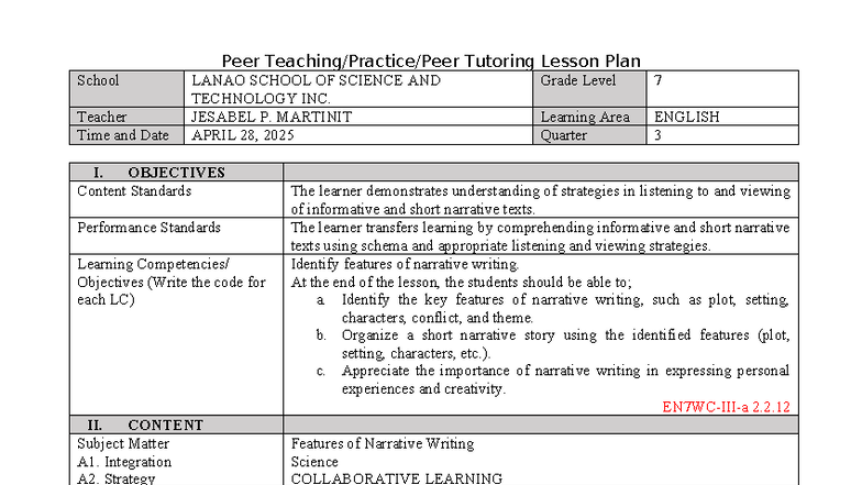 Peer Tutoring Lesson Plan for Grade 7 English (ENGLISH 3) - Studocu