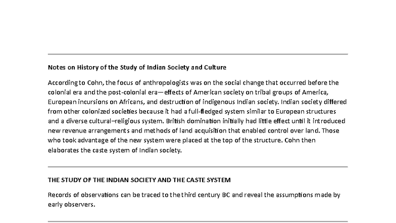 Sociology of India: Cohn's Insights on Society & Caste System - Studocu