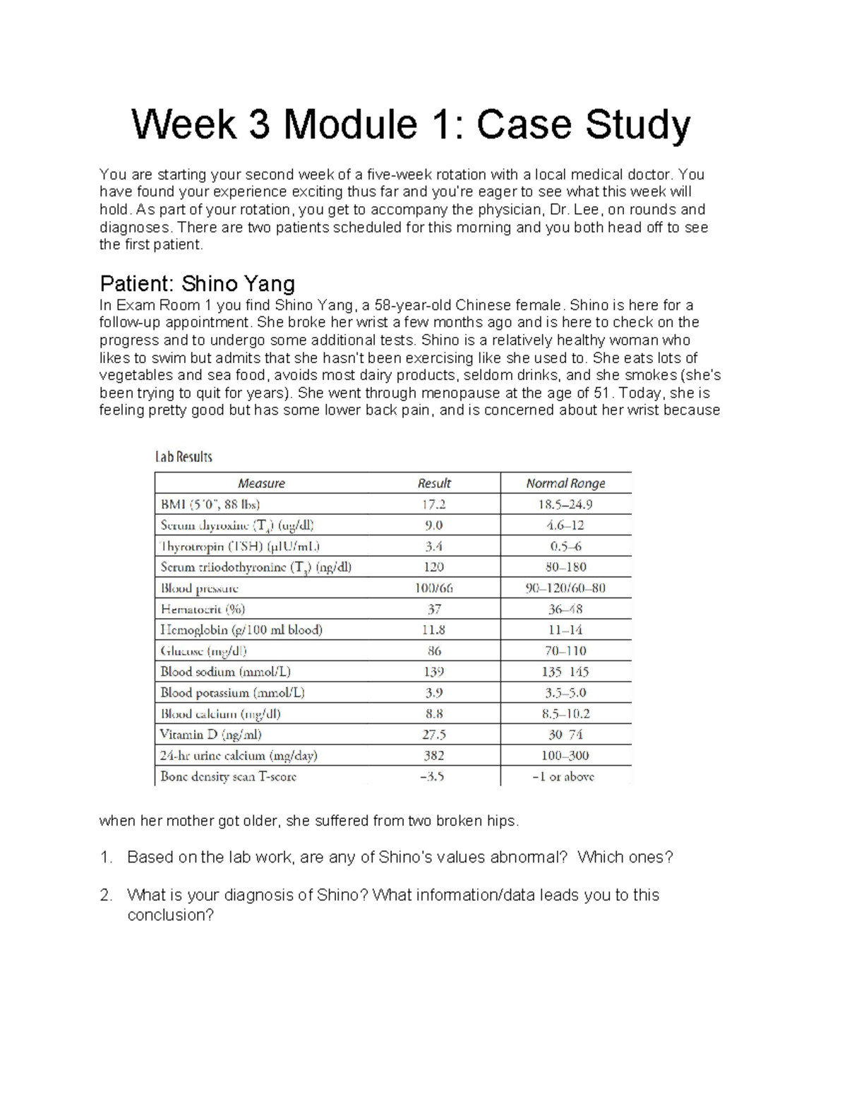 Week 3 Module 1: Case Study on Patient Shino Yang's Treatment - Studocu